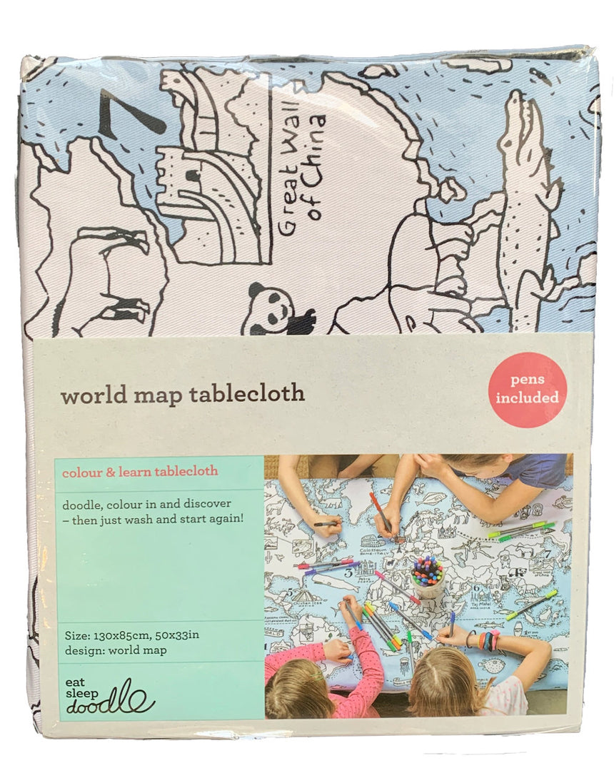 World Map Tablecloth and Pens, Eat Sleep Doodle – Clothkits