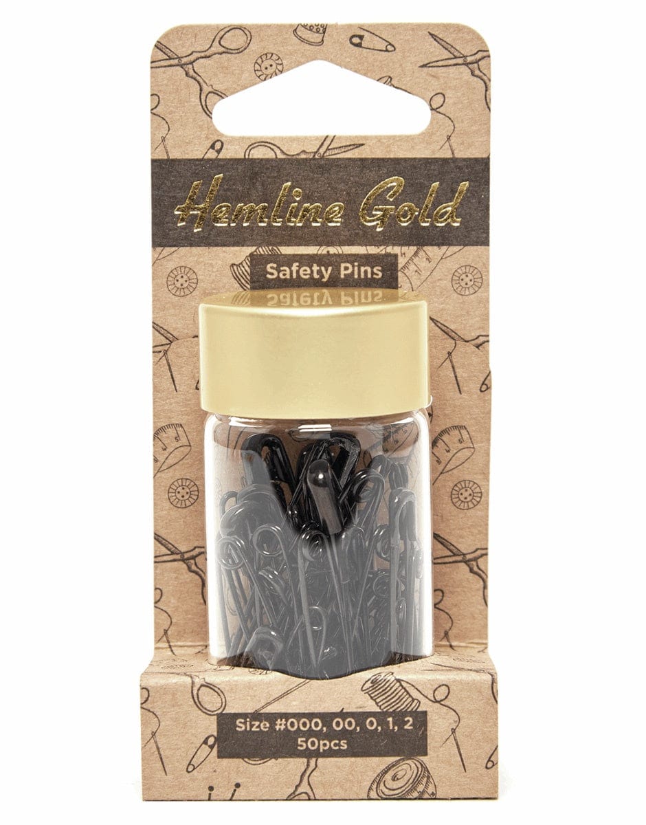 Black Safety Pins Assorted Sizes in Glass Tube Hemline Gold