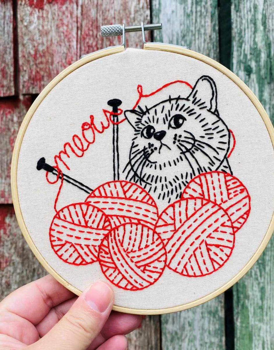 Kitten with Knitting Embroidery Kit, Hook Line & Tinker – Clothkits